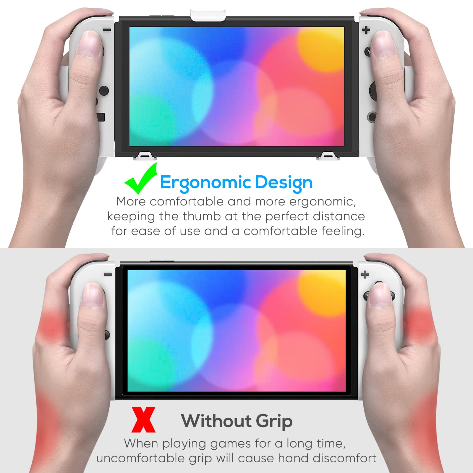 Grip Case for Nintendo Switch OLED/Switch/Switch Lite, MENEEA Hand Grip Stand with Adjustable Stand& 8 Thumb Grips Caps+ 4 Game Card Slots, Anti-Scratch& Ergonomic Accessories for Gamers(White)