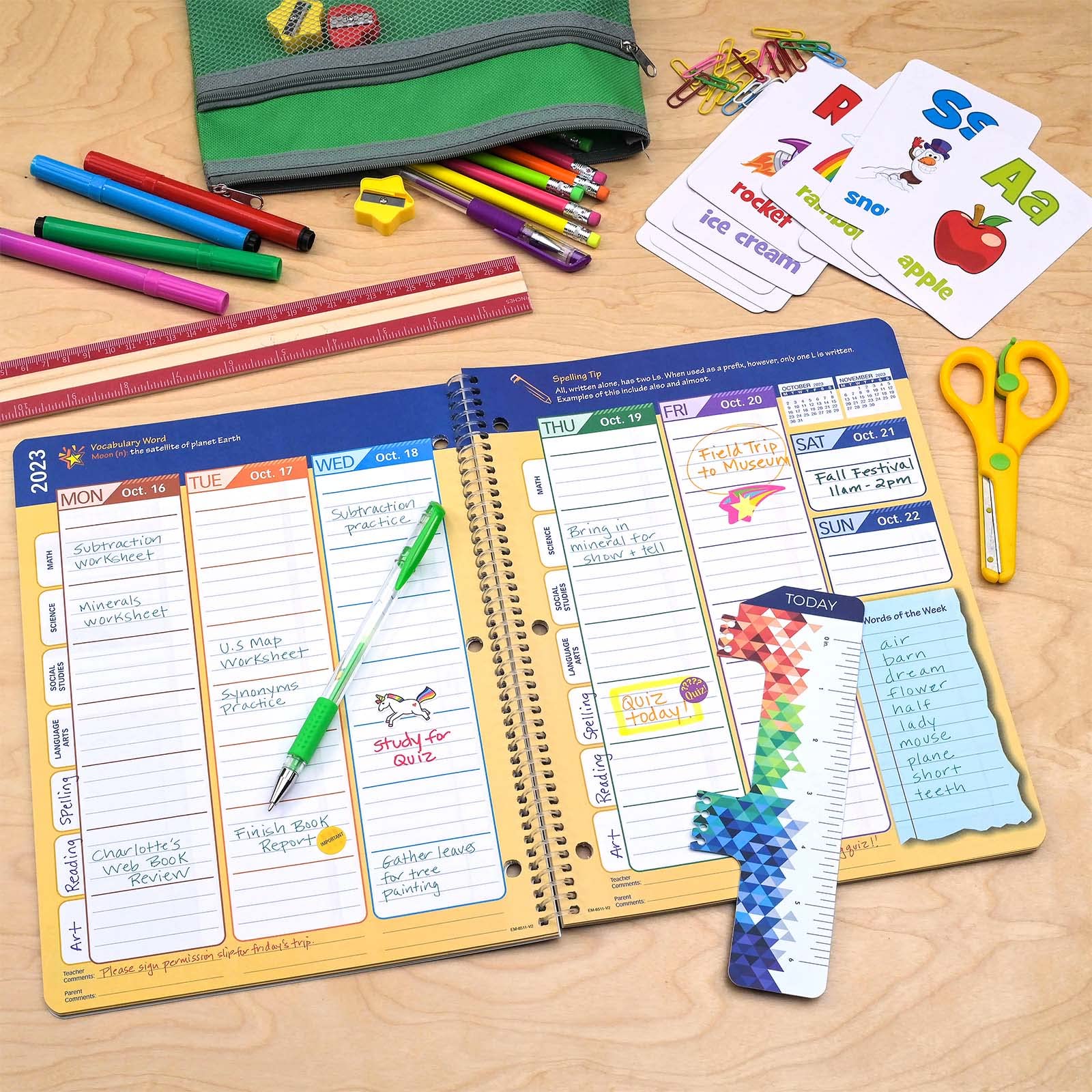 Global Datebooks Dated Elementary Student Planner for Academic Year 2023-2024 Includes Ruler/Bookmark and Planning Stickers (Matrix Style - 8.5"x11" - Corkboard)