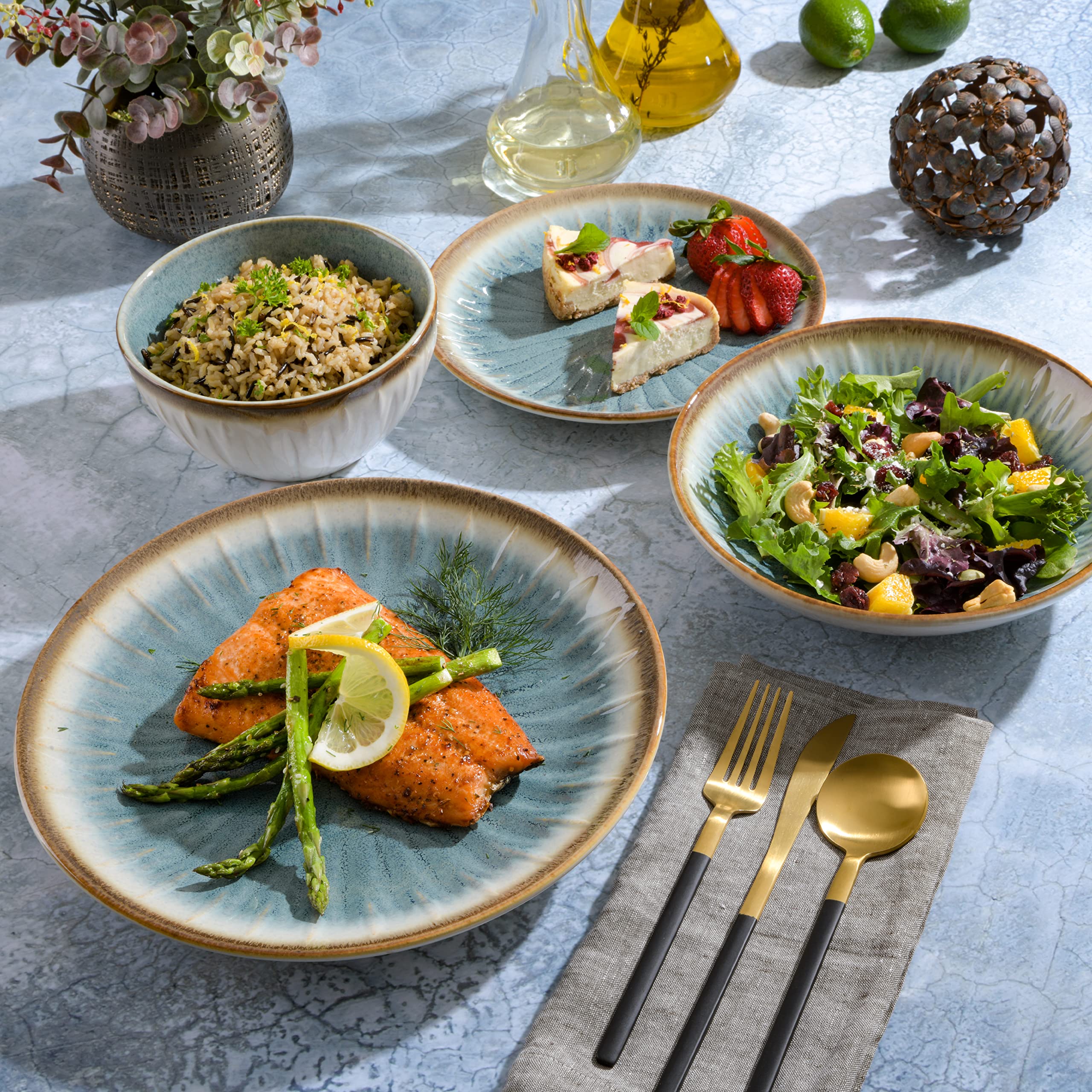 Gibson Elite Mayfair Bay Embossed Double Bowl Dinnerware Set, Service for 4 (16pcs), Blue