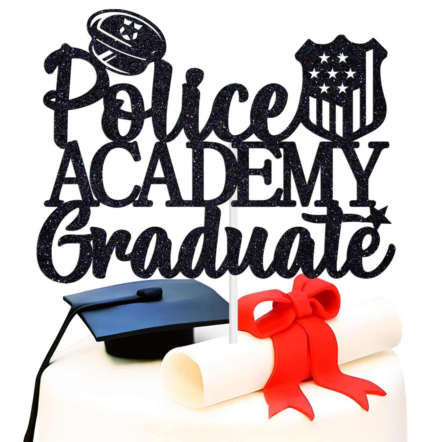Police Academy Graduate Cake Topper, Police Grad/Future Police, Congrats Officer Graduation Party Decoration Supplies, Black Glitter