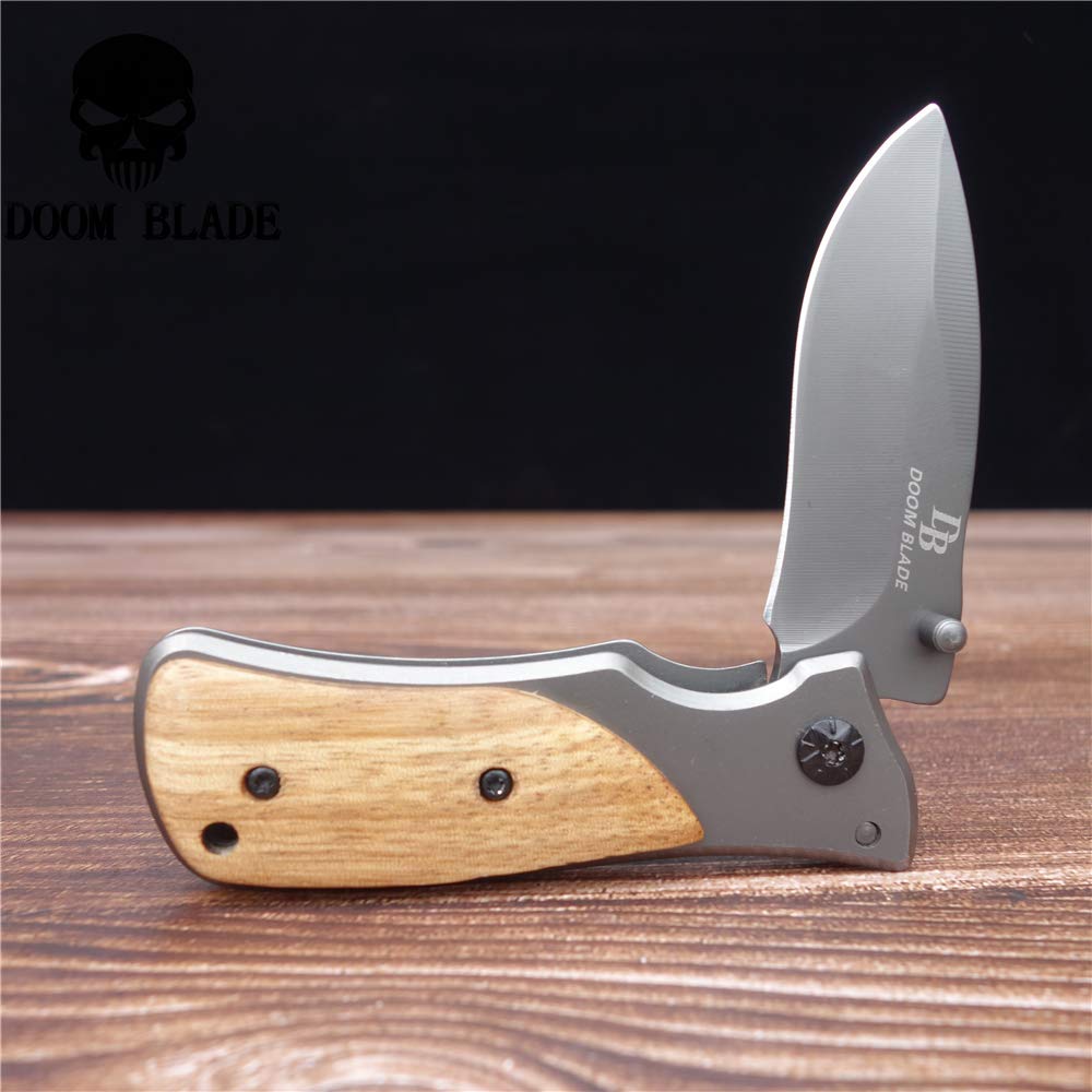 Folding Knife EDC Pocket Knife, Wood Handle with Drop Clip Point Blade,Flipper Clip Pocket Knife for Camping Hunting Hiking