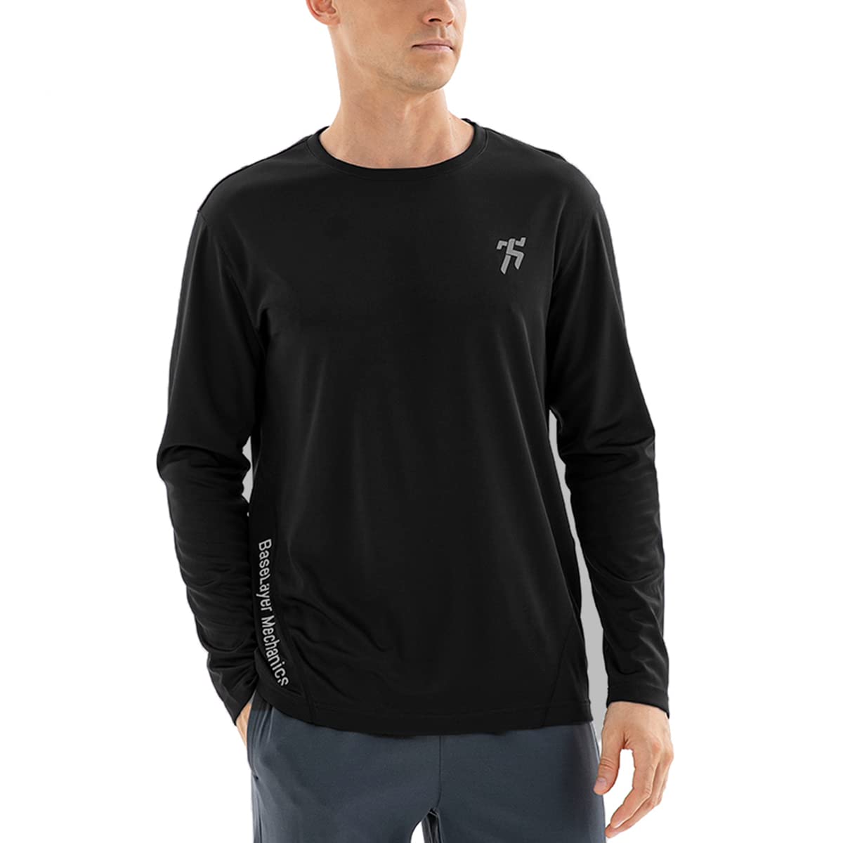 ElsMorr Men's Crew Performance Tech Long-Sleeve T-Shirt Quick Dry Running Lightweight Workout T-Shirts Black