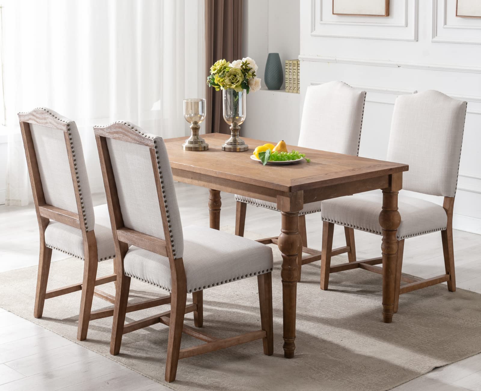 EALSON Farmhouse Dining Chairs Set of 2 Upholstered Dining Room Chairs with Wood Legs and Nailhead Trim Mid Century Modern Kitchen Chairs with High Back Padded Parson Chairs, Linen Beige