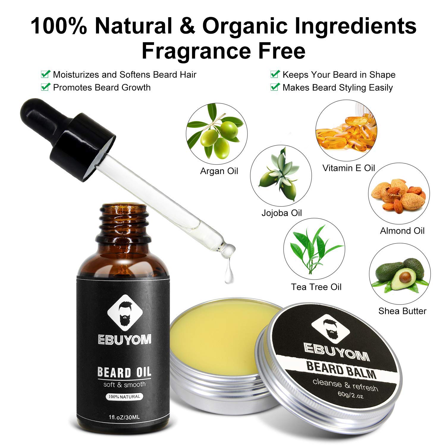 EBUYOM Beard Kit Beard Care For Men,Beard Oil,Beard Balm,Beard Shampoo,Beard Wooden Comb,Beard Brush,Mustache Scissors,Storage Bag,Beard Growth Grooming & Trimming Gift Set Beard Growth Kit