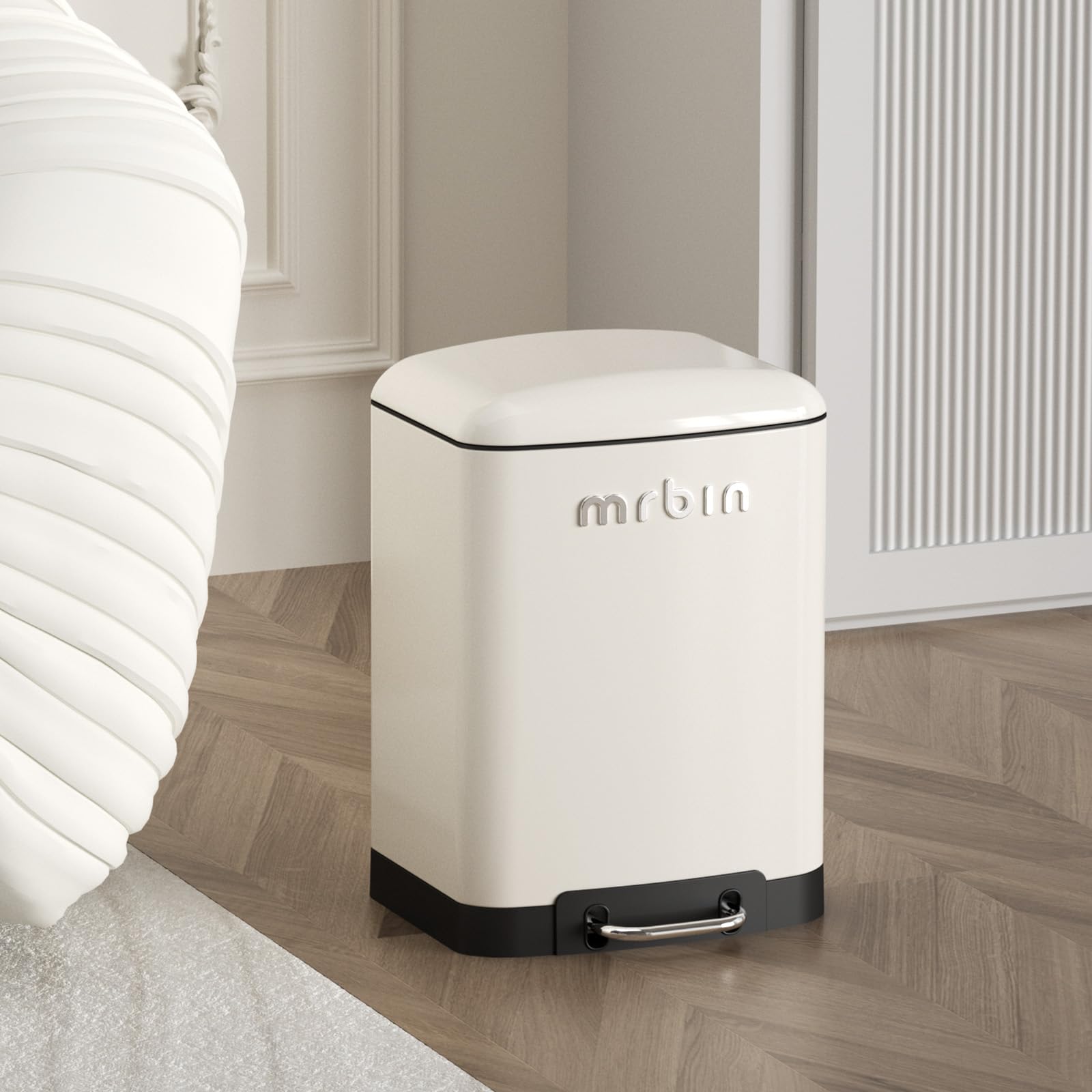 MRBIN Bathroom Trash Can with Lid, Metal Step Kitchen Waste Basket Touchless Soft Close, 20L / 5.2gal Rectangle Garbage Bucket with Stainless Steel Pedal for Office, Bedroom Accessories, White