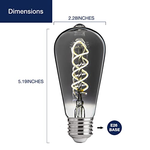 FLSNT 5000K Daylight ST19 LED Edison Bulbs, Vintage LED Dimmable Spiral Filament Light Bulbs, E26 Medium Base, 4W(40W Equivalent), CRI80, 150LM, 4 Pack, Smoky Grey Glass