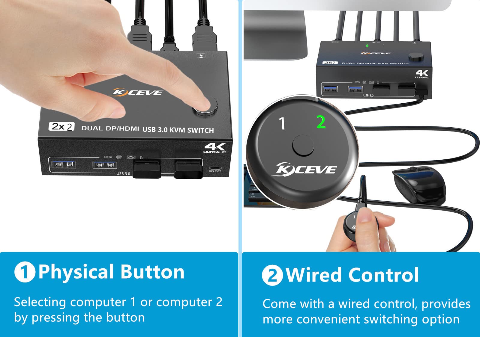 KCEVE DP HDMI USB 3.0 KVM Switch 2 Computer 2 Monitors, Dual Monitors Displayport KVM Switcher Supports 4K@60Hz for 2 Computers Share Keyboard, Mouse and Monitor