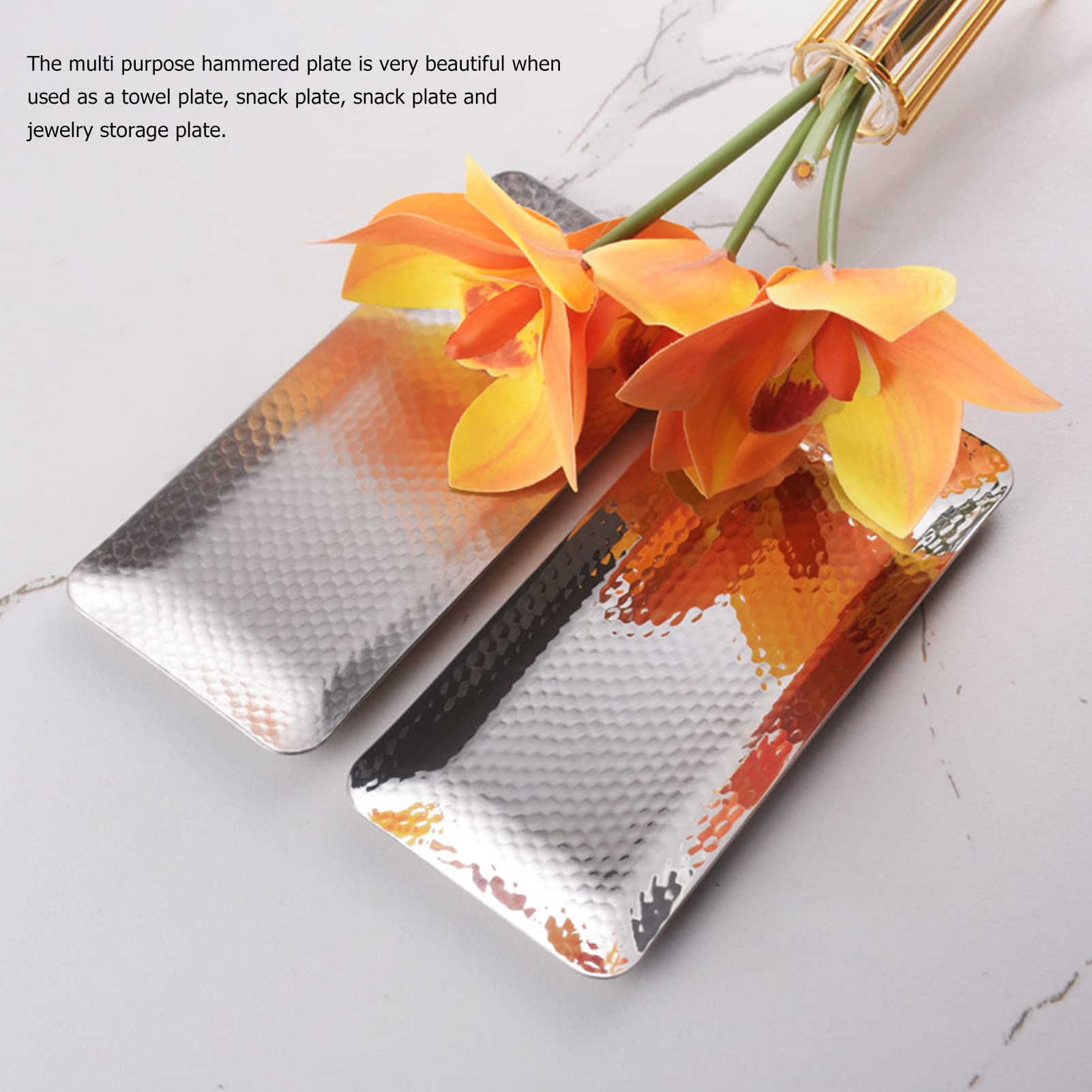 Hammered Tray with Raised Edges 9.8x4.3 inch Hammered Stainless Steel Rectangular Metal Serving Tray Platter Fruit Dish for Parties Copper Finish Makeup Organizer Jewellery Holder Towel(Silver)