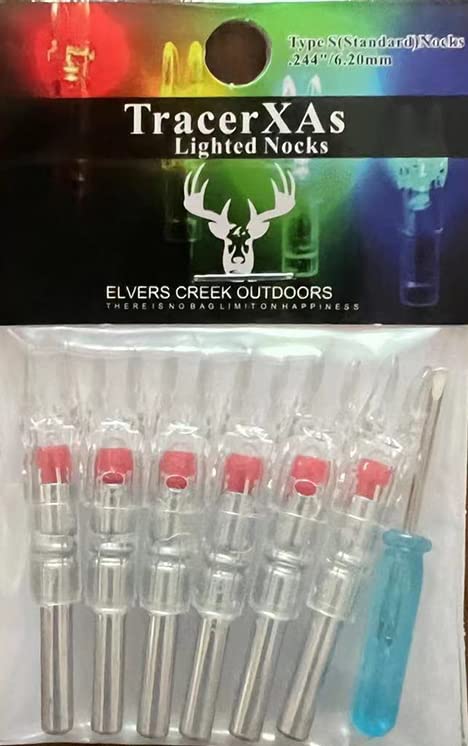 Elvers Creek Outdoors TracerXAs Lighted nocks, for Standard Size S Arrows. Six Simple insertable Arrow nocks.244''/6.2mm Inner Diameter. Great for Bow Hunting, Backyard Targets, and Compound Bows.