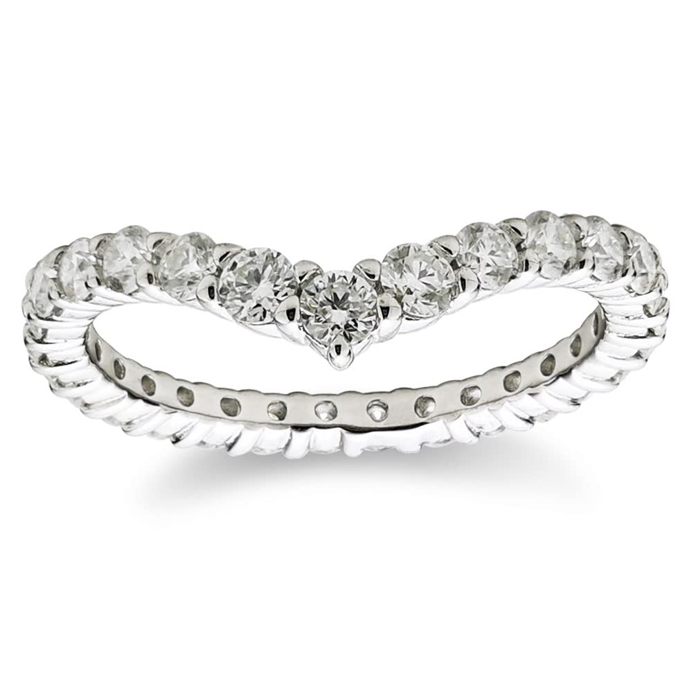 Idocare Wedding Bands For Women Full Eternity Moissanite Ring V Shaped Curved Platinum Plated Sterling Silver Size 7