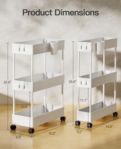 Pipishell Bathroom Cart, 2 Pack Slim Storage Cart Organizer with Hanging Cups & Hooks, Rolling for Bathroom, Laundry Room, Kitchen, Set of 2, PIUC07WK2