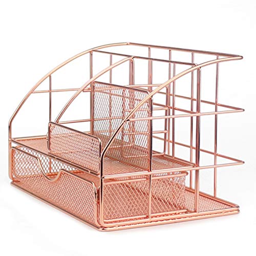Ogrmar Rose Gold Desk Supplies Organizer, Multi-functional Mesh Desk Organizer with 6 Compartments & Desk Drawer Organizer for Office Supplies and Desk Accessories(Rose Gold) (9" X 6" X 6")