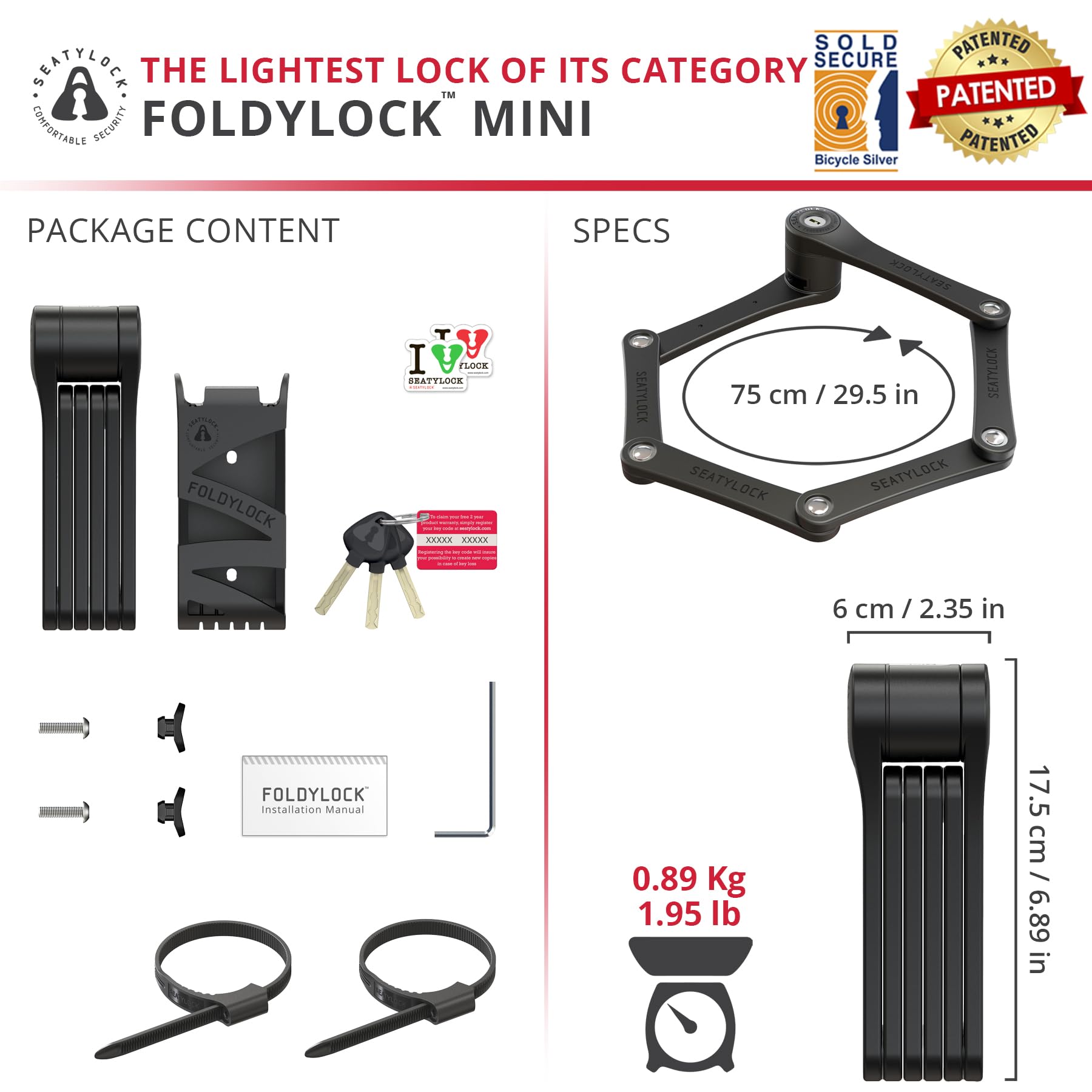 FoldyLock Mini Folding Bike Lock - Patented Lightweight Bicycle Lock - Heavy Duty Anti Theft Guard with Key for Electric Scooter & City Bikes - 29.5 Inch