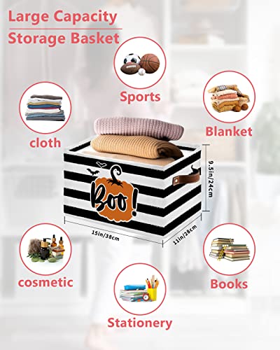 Halloween Storage Basket Waterproof Cube Storage Bin Organizer with Handles, Orange Pumpkin Bat Black White Striped Collapsible Storage Cubes Bins for Clothes Books Toys 15"x11"x9.5"