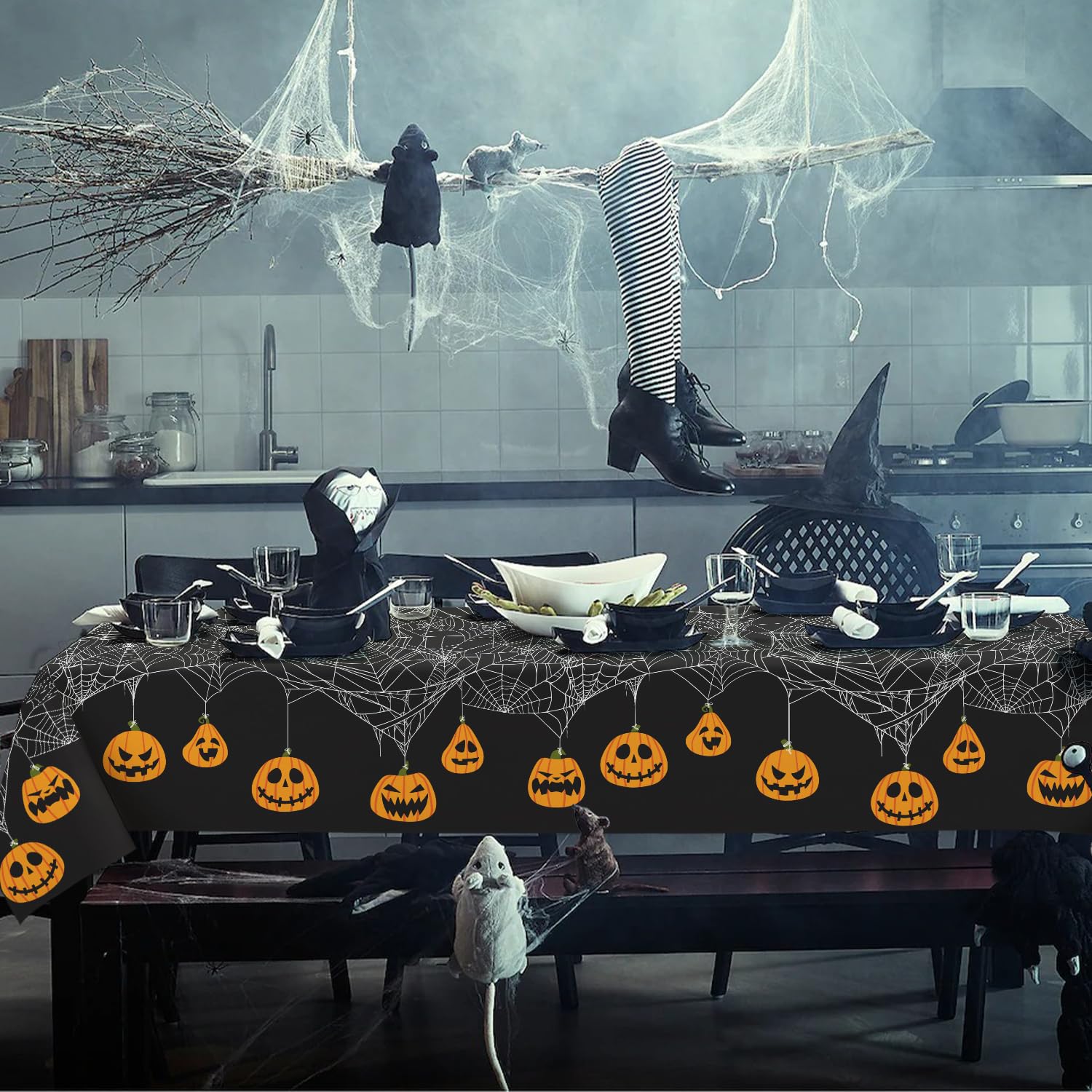 Halloween Tablecloth, Halloween Table Cloth with Pumpkin Spider Web Bat Tablecloth, Waterproof Wrinkle Free Rectangle Tablecloth Polyester Fabric Table Cover for Halloween Party Decoration, Black