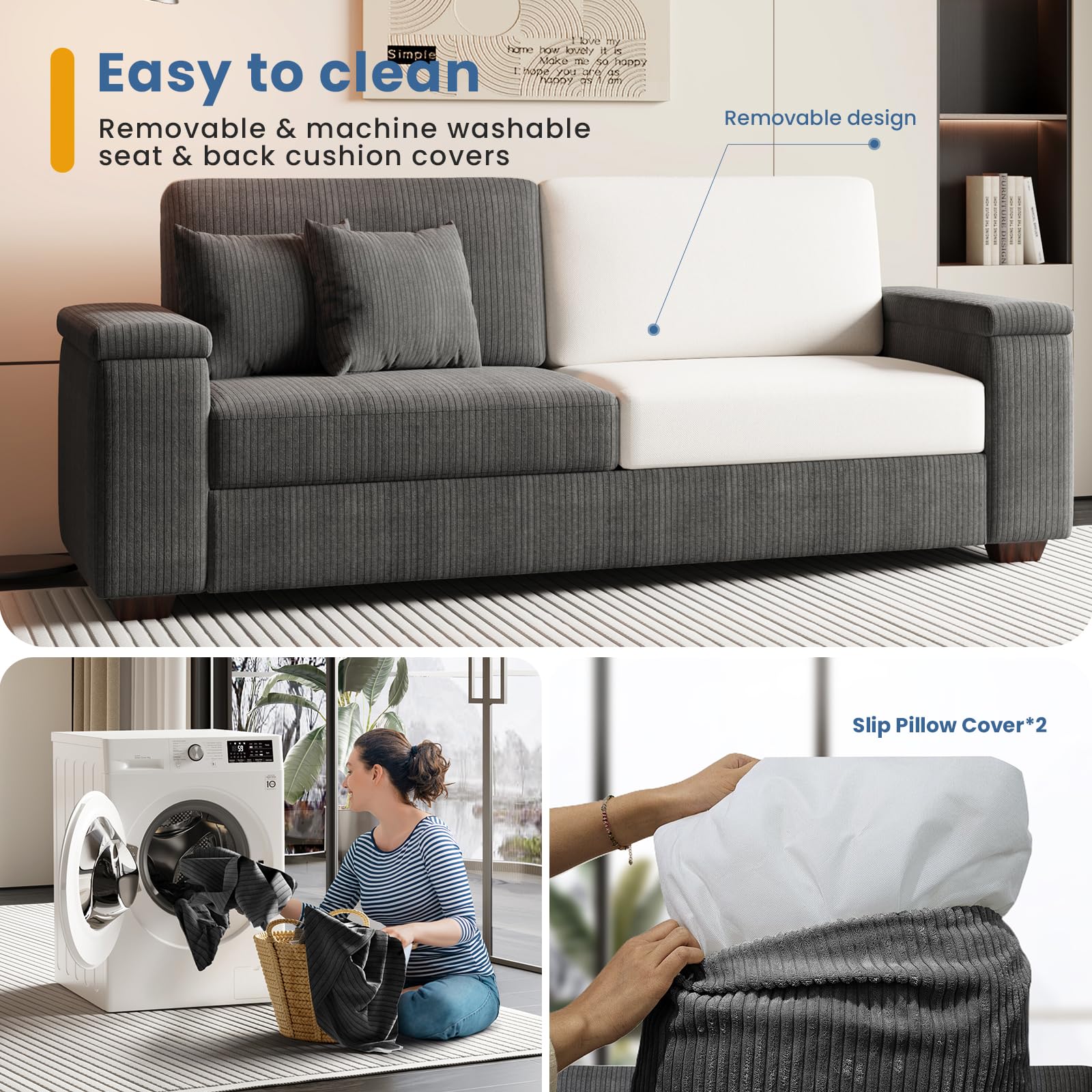 KKL 89 Inch Sofas for Living Room, Deep Seat Sofa, Comfy Sofa, Cloud Couch, Cream Couch, Sleeper Couch, 3 Seater Sofa with Pillows, Machine-Washable, Corduroy, Grey