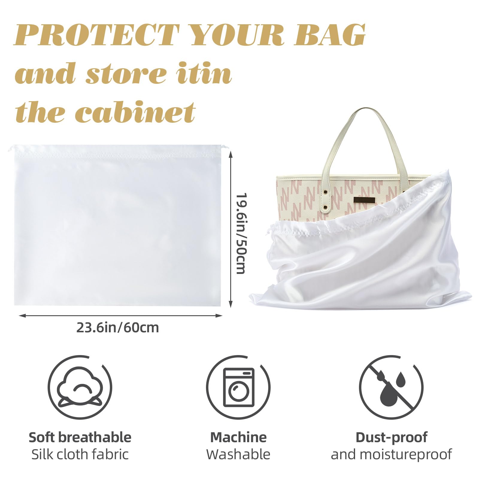 GDBEH 3 Pack Dust Bags for Purses and Handbags,Silk Purse Dust Bags for Storage, With Drawstring Large Dust Bags for Handbag, Dust Covers for Purse Shoes Boots (White, 19.6 × 15.7 in)