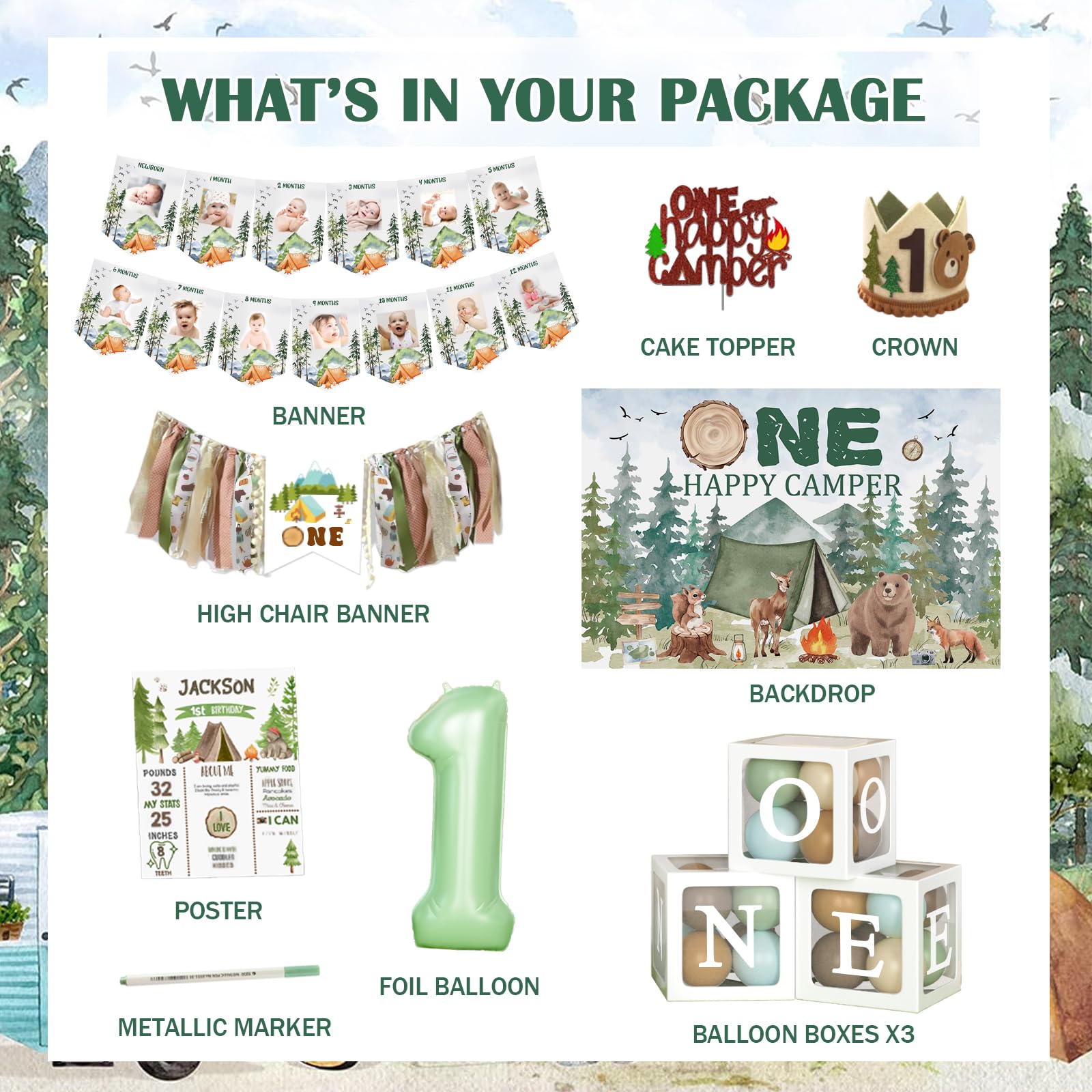 Hombae One Happy Camper Birthday Decorations, First Birthday Decorations, Camping 1st Birthday Party Decor, Green Backdrop Balloon Banner Cake Topper Crown Poster Cutout Balloon Boxes 114 PCs