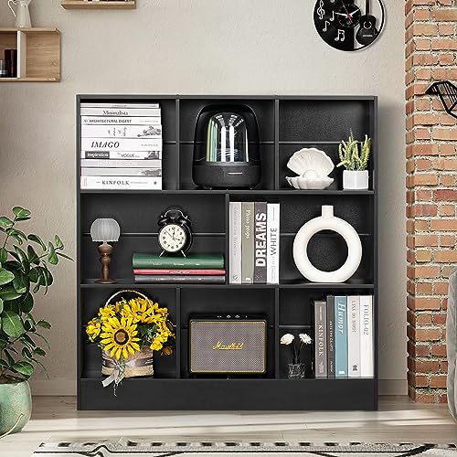 YAHARBO Black Wide Bookshelf,3 Tier Modern Horizontal Bookcase,Wood Low Bookshelves Display Storage Cabinet with Base,Floor Standing 8 Cube Large Bookcases Organizer for Bedroom,Living Room,Office