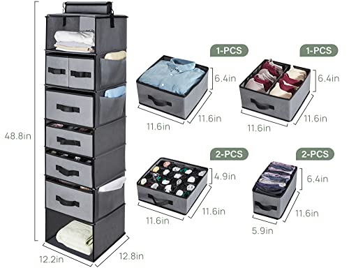 Kootek 7 Shelf Hanging Closet Organizer with Drawers, Hanging Closet Shelves Closet Storage 6 Clothing Drawer Side Pockets for Clothes, Bras, Socks, Underwear, Nursery Room, Wardrobe