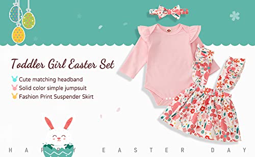 TUEMOS Baby Girl First Easter Outfits Long Sleeve Romper Bunny Suspender Skirt Easter Newborn Clothes Set Flower Pink 3-6 Months