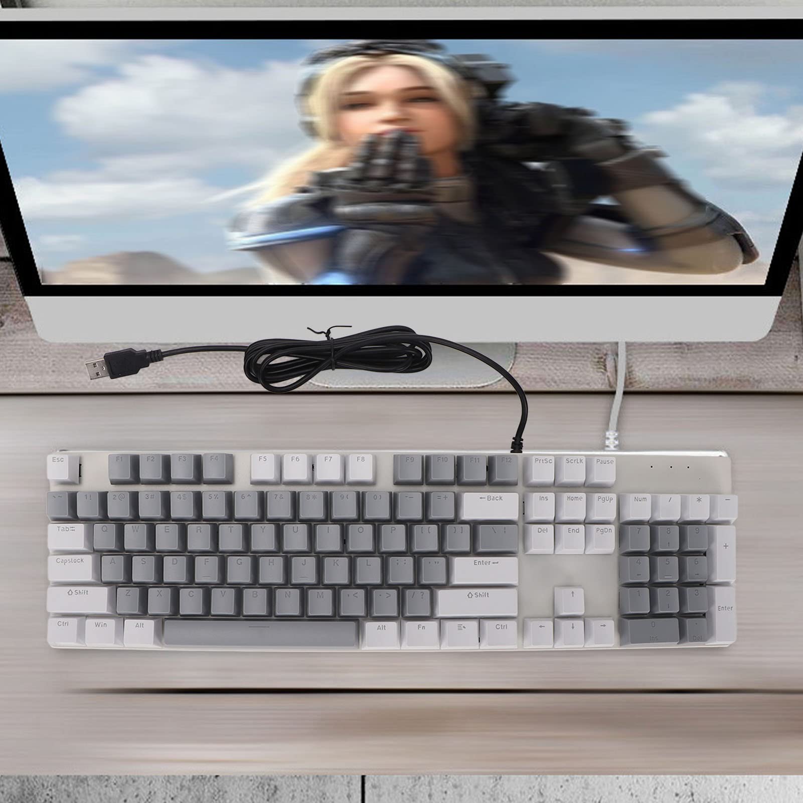LBEC High Mechanical Gaming Keyboard Aluminum Alloy ABS 104 Keys Blue Switch RGB Durable Ergonomic Mechanical Keyboard for Office Game Room (White Gray)