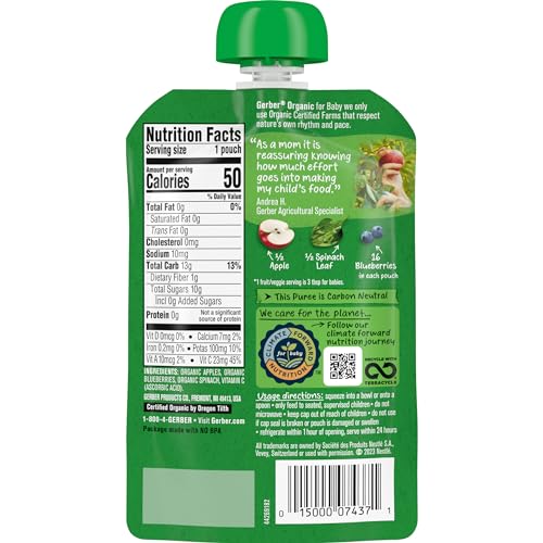 Gerber Organic Baby Food Pouches, 2nd Foods for Sitter, Apple Blueberry Spinach, 3.5 Ounce (Pack of 12)