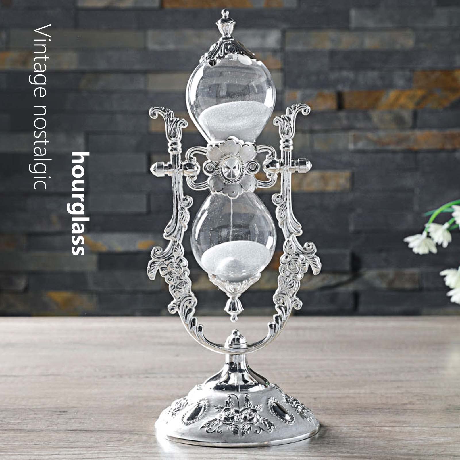Hourglass Sand Timer Decorative,360° Rotating Metal White Sand Watch 30 Min,Antique Hour Glass Decor for Office Desk- Crafts,Gifts(B)
