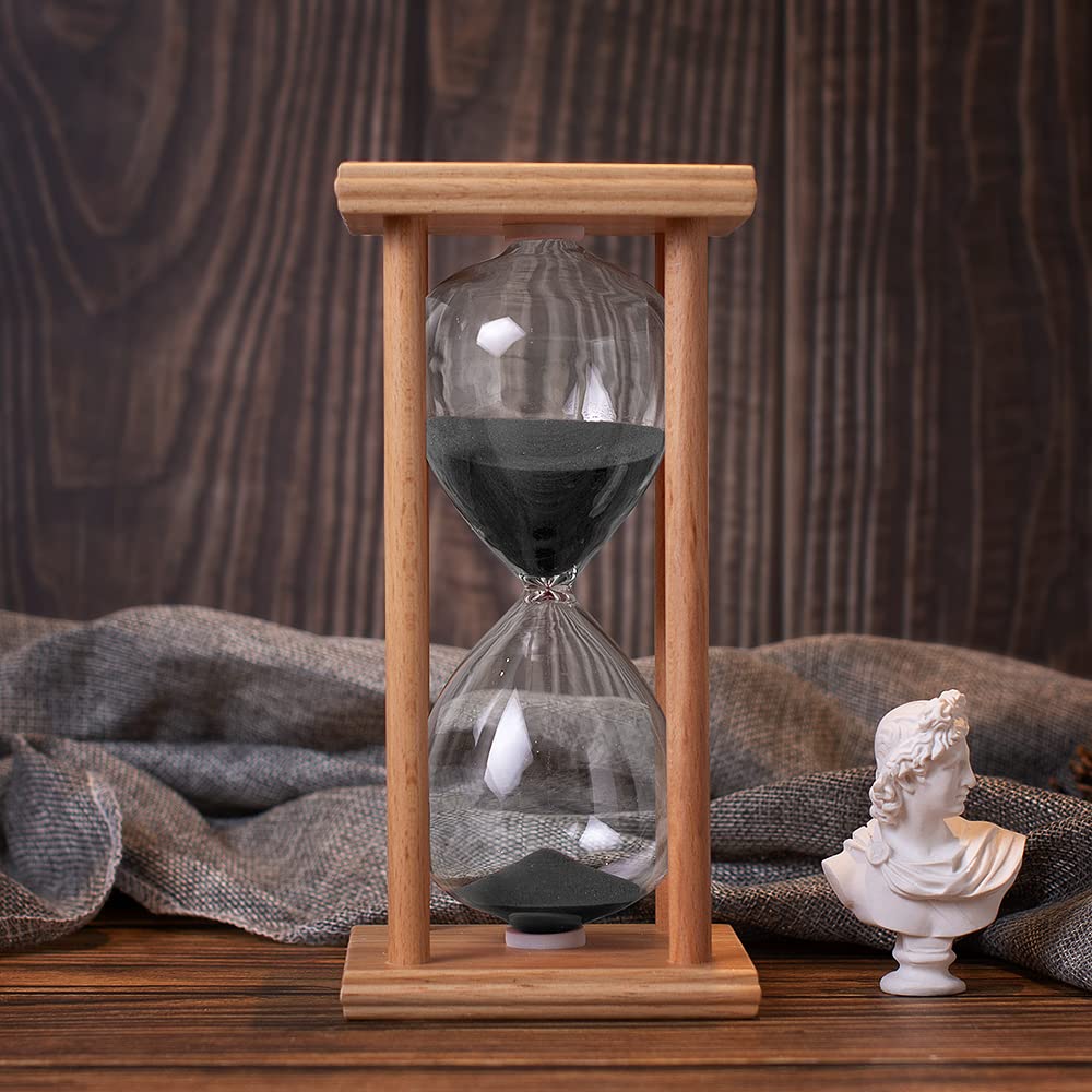 Hourglass Timer with Black Sand, 60 Minute Wooden Sand Timer, Creative Handcraft Decoration