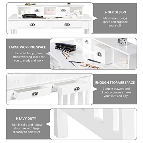 Yaheetech Writing Computer Desk Home Office Desk with Drawers and Hutch, 47 In Wood Frame Secretary Desk for Home Office with Large Desktop, Modern Workstation with Removable Floating Organizer, White