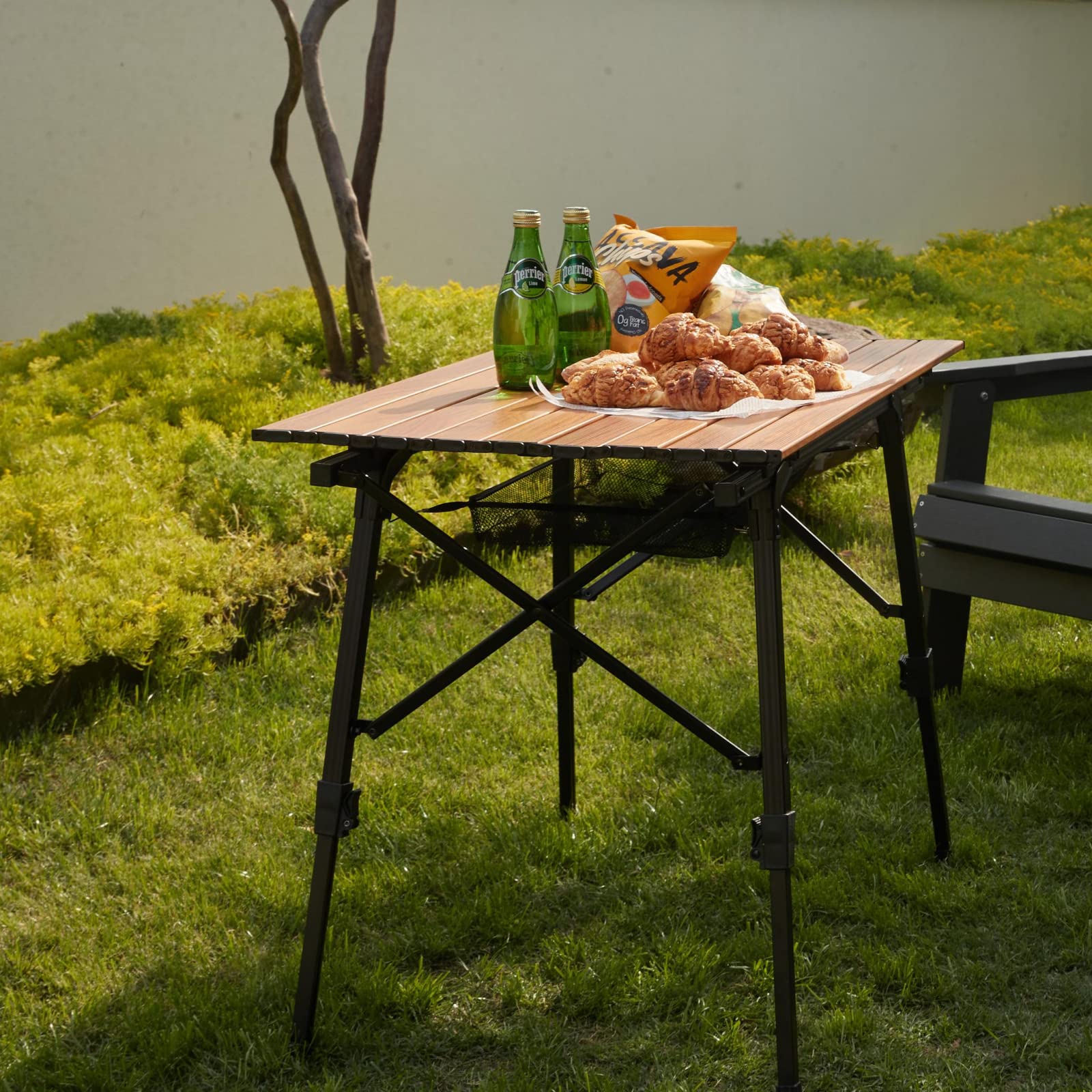 GARDIMAX Outdoor Camping Table Folding Picnic Table with Roll Up Table Top and Adjustable Aluminum Legs, Brown