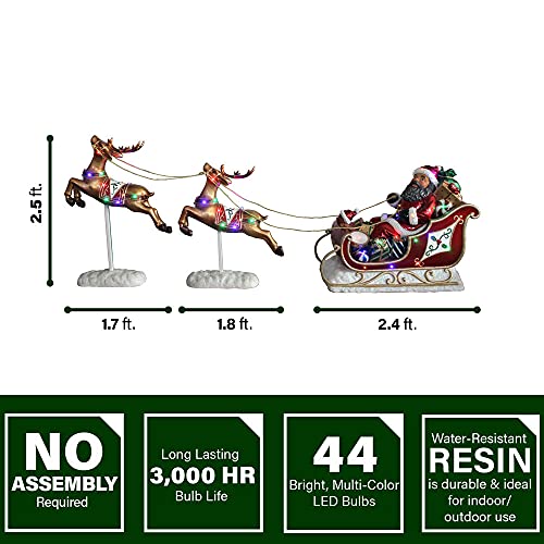 Fraser Hill Farm Flying Reindeer and African American Santa in Sleigh Figurine | Christmas Statue Includes Built-in LED Lights | Great Holiday Decoration | FFRS000-SC1-RDAA, Red
