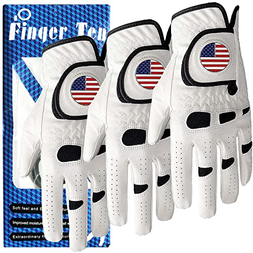 Golf Gloves Men Left Hand Right Handed Golfer 3 Pack with Ball Marker Soft Leather Weathersof Grip Mens Glove Size S M ML L XL XXL 3XL (3 Pack-White, Cadet L, Worn on Left Hand(Right Handed Golfer))