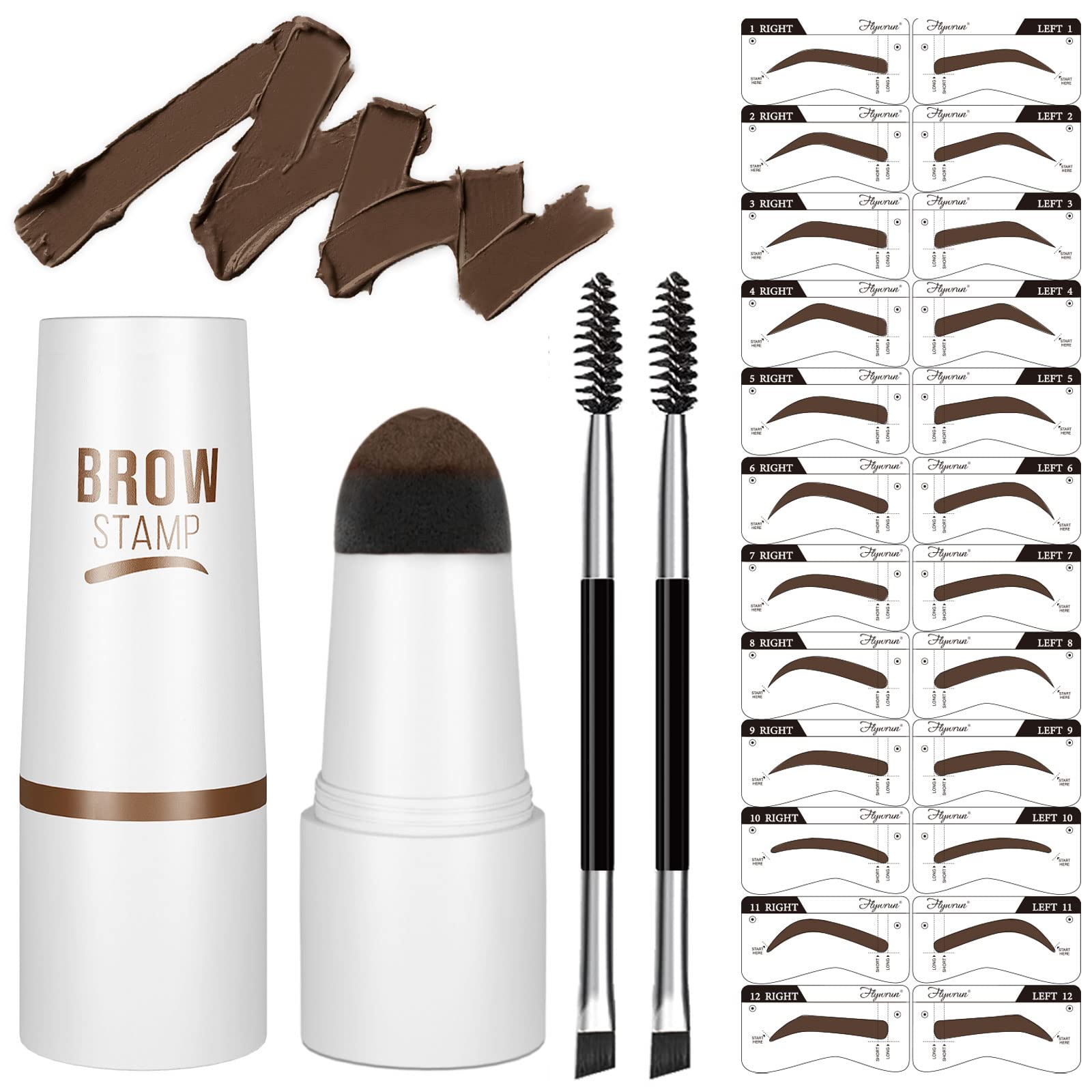Flywrun Eyebrow Stamp Stencil Kit - One-Step Vegan Eyebrow Stamp Pomade - Long-Lasting Waterproof Smudge-Proof - With 20Pcs Reusable Thin & Thick Eyebrow Stencils for Perfect Brows (Dark Brown)