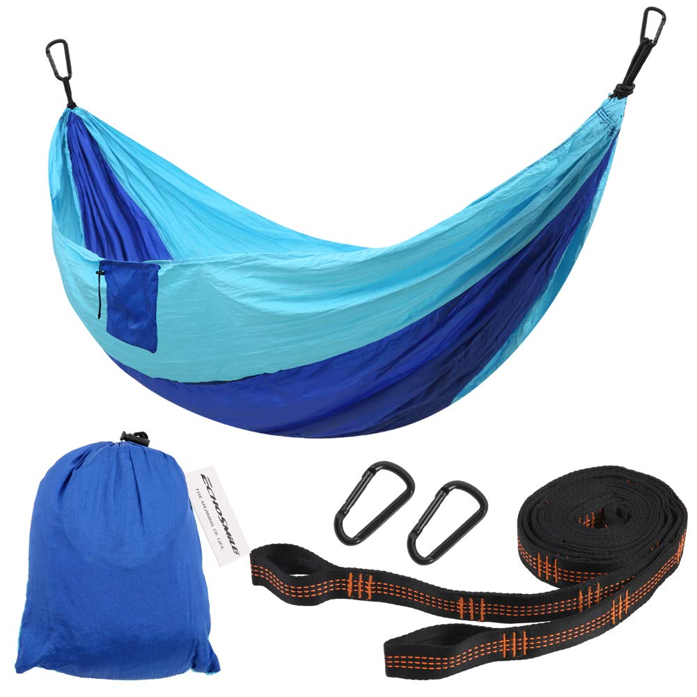 EchoSmile Blue Camping Hammock, Portable Hammocks with 2 Tree Straps, Lightweight Nylon Outdoor Hammocks for Backpacking, Travel, Beach, Backyard, Patio, Hiking