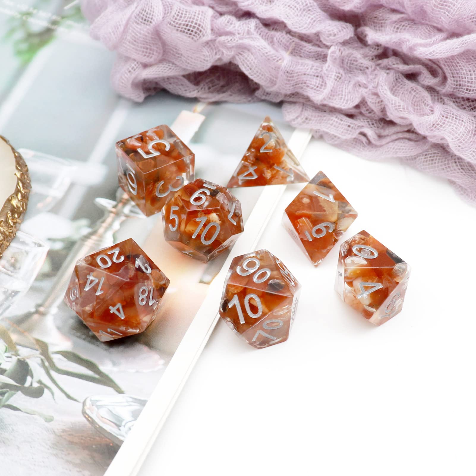 Haxtec Sharp Edge DND Dice Set Gemstone Filled Resin Dice W/Dice Case for RPG Role Playing Games Dungeons and Dragons Gift-Red Agate