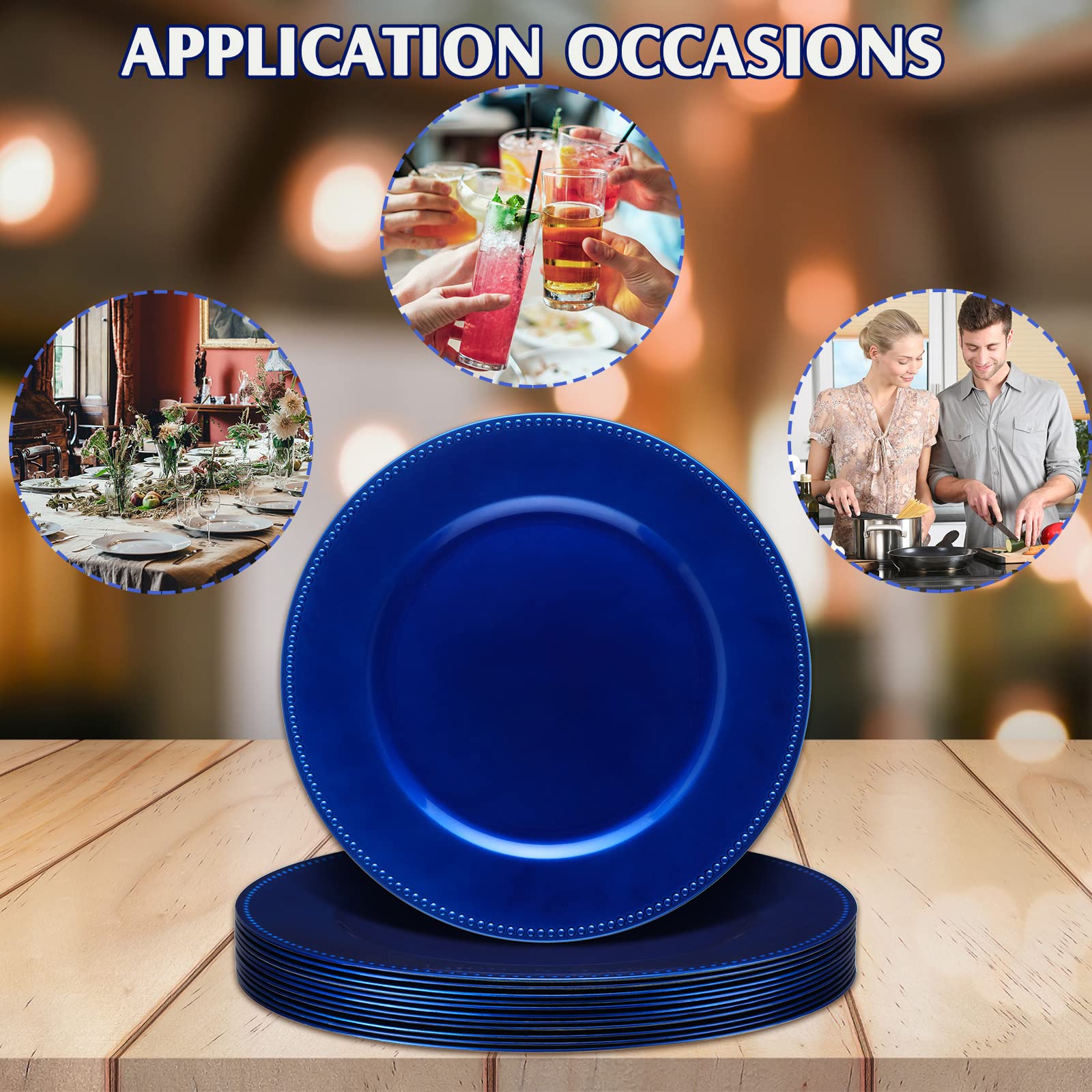 Gerrii 12 Pcs Metallic Bead Charger Plates 13 Inch Plastic Round Charger Plates Bulk Wedding Beaded Chargers for Dinner Plates, Table Party Event Decoration (Navy Blue)