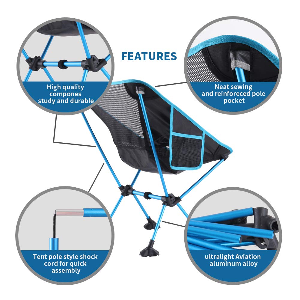 EchoSmile Blue Portable Camping Chair, Compact Ultralight Folding Backpacking Chairs, Small Collapsible Foldable Packable Lightweight Chair in a Bag for Outdoor, Camp, Picnic, Hiking