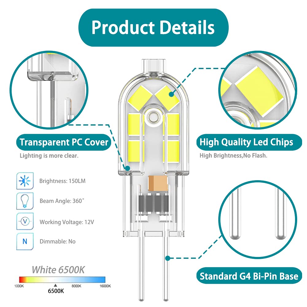IERKOU G4 LED Bulbs, 2W Equivalent 20W G4 Halogen Lamps, White 6500K, No Flickering, AC/DC 12V G4 Bi Pin Bulb