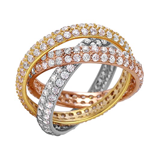 Forever Flawless Jewelry Tri Color Gold Plated Sterling Silver Pave Set CZ Triple Rolling Trinity Band - Size 8