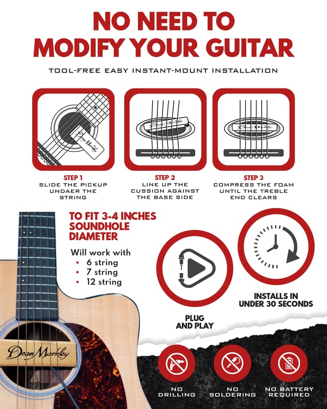 Dean Markley Pro Mag Plus XM Acoustic Guitar Single Coil Pickup, Smooth Maple Wood Design Active Soundhole Pickup Ebony Finish, Perfect String Balance and 15 Ft Low Noise for Steel-String Guitars