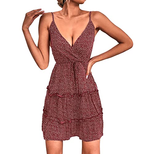 Formal Women's Summer Tiered Midi Dress Casual Boho Sleeveless Spaghetti Strap Flowy A Line Beach Sun Dresses Wine