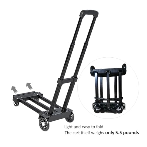 Folding Hand Truck Portable Dolly Cart - 255lb Capacity, 4 Wheels for Smooth Maneuverability, Compact & Versatile Small Platform Hand Cart for Moving, Luggage, Travel, Shopping, and Office Use Black
