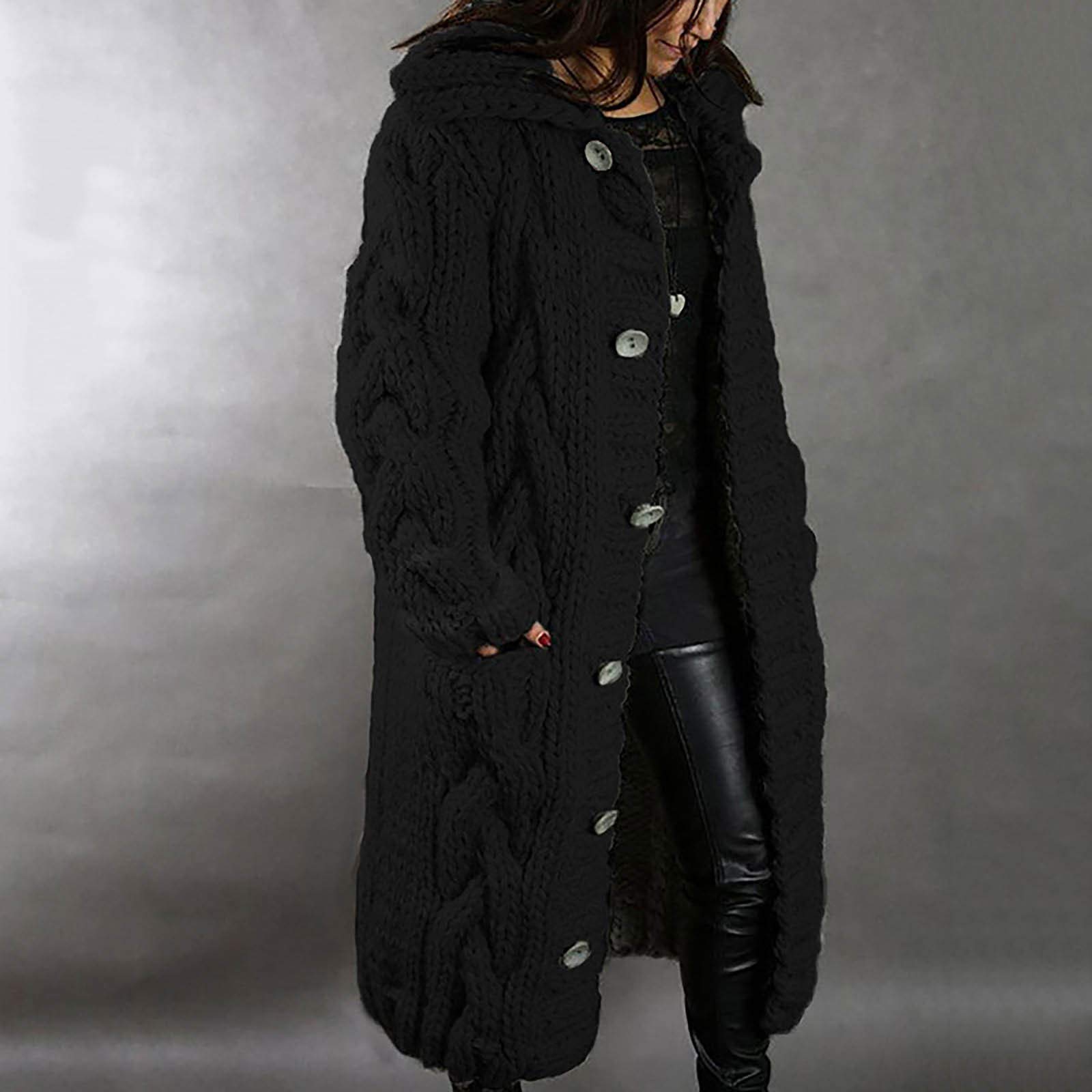 FAVIPT Womens Long Chunky Cardigan Sweaters Lightweight Knit Hooded Cardigan Plus Size Long Sleeve Open Front Sweater Coat, A02*black, 4X-Large