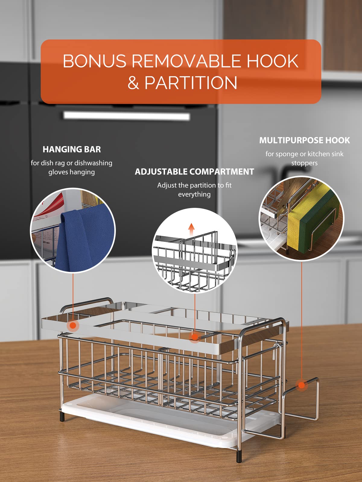 FavoThings Multifunctional Sponge Holder Kitchen Sink Caddy SUS304 Stainless Steel Kitchen Sink Accessories with Removable Drain Tray for Sponge, Dish Brush, Soap, Scrubber, Dishcloth, Silver