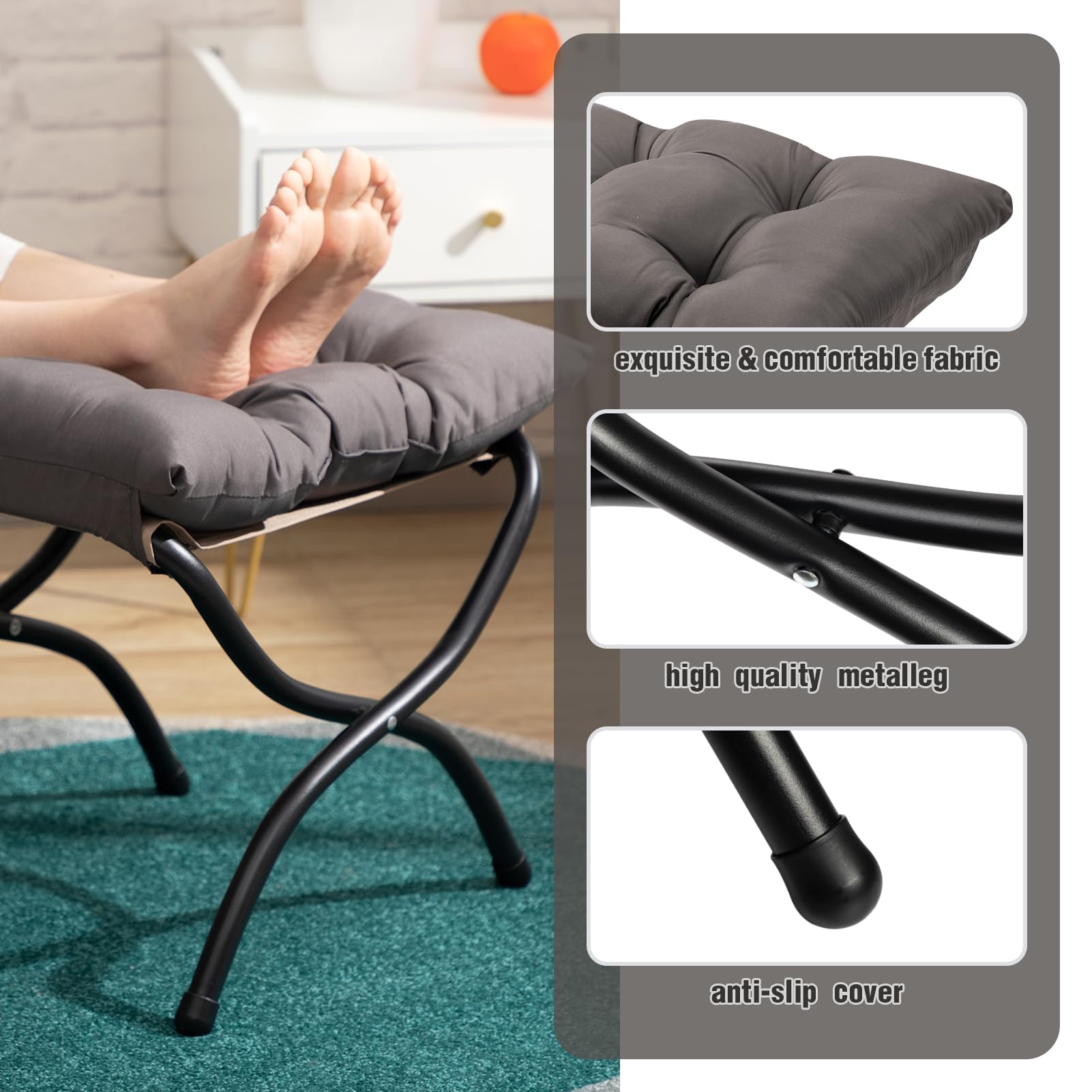 HollyHOME 15"(H) Folding Footrest Stool, Upholstered Small Foldable Ottoman, Accent Padded Sofa Foot Stool for Lazy Chair, Metal Frame Portable Foot Rest Ottoman for Living Room, Bedroom, Dark Grey