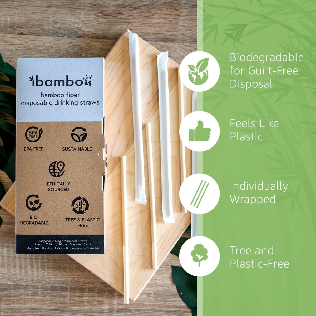 Ibambo 250 Pack Disposable Bamboo Powder Straws - 7.88" Compostable Single Wrapped Drinking Straws | Durable Disposable Straws for Hot & Cold Drinks | Biodegradable Straws for Commercial or Home Use