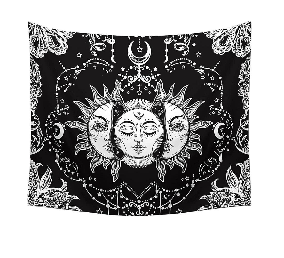 EWYN Sun and Moon Tapestry,Black and White Tapestries Mystic Burning Sun with Star Wall Hanging decor for Bedroom (70.9"x 90.6", Black White)