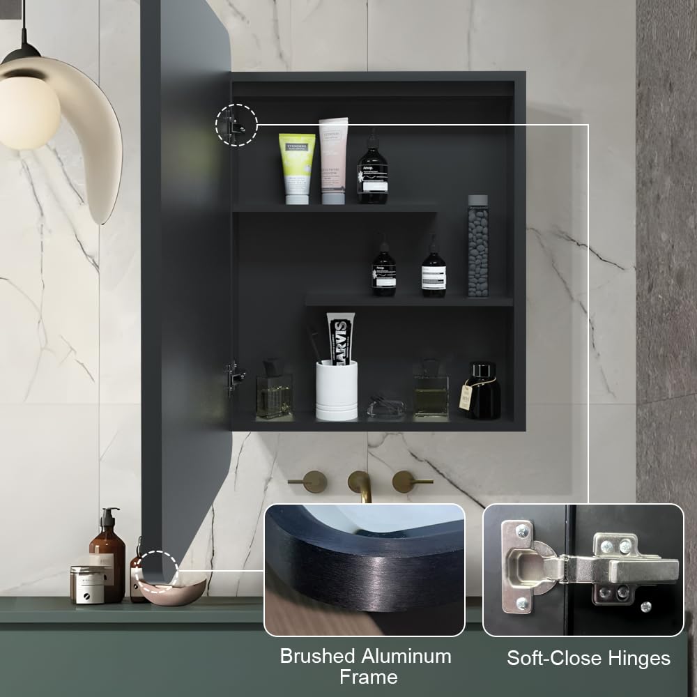 Janboe 20×24inch Medicine Cabinet,Mirror Cabinet with Beveled Mirror,Solf Close Hinge,Brushed Metal Framed,Detachable Side Plate for Recess Mount or Surface Mount,Black