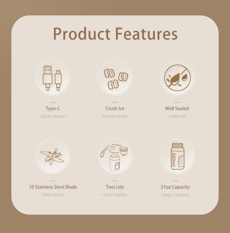 Portable Blender for Protein Shakes, 21oz, USB-C Rechargeable Blender with 10 Blades, Blender for Shakes and Smoothies, Leakproof and Reusable, Suitable for Travel, Home, Office, Gym